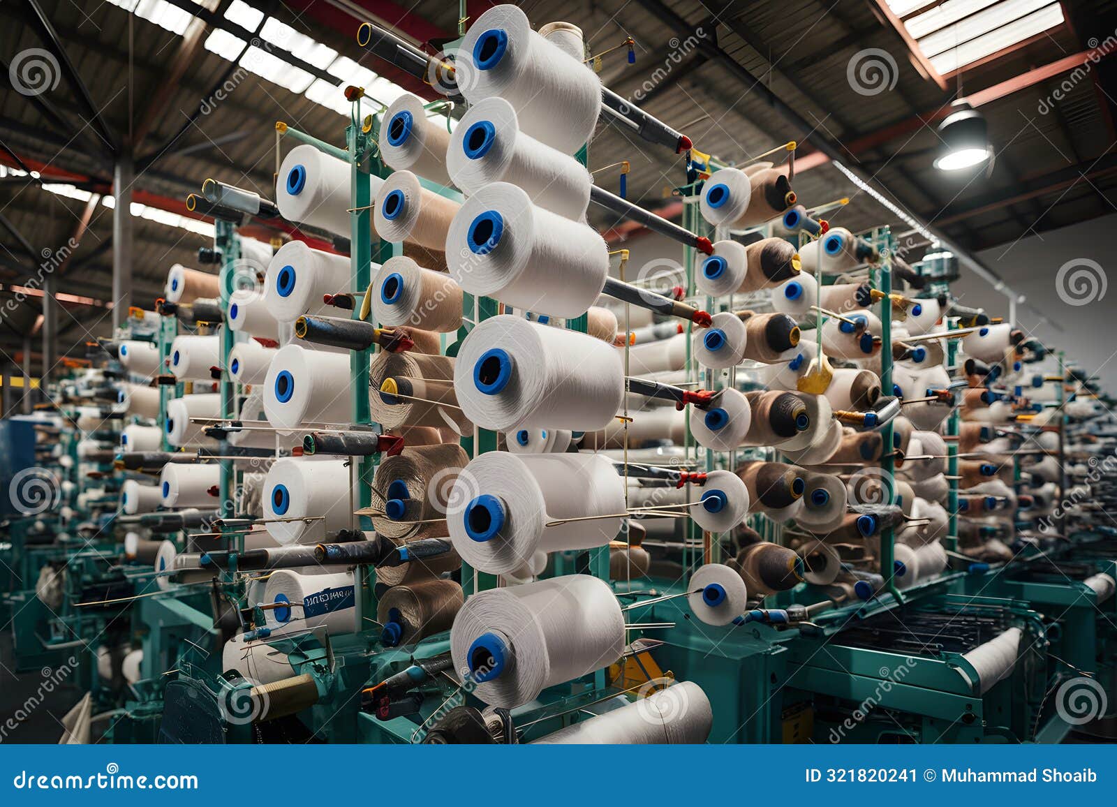 Industrial Textile Factory with White Thread Spools on Machines in ...