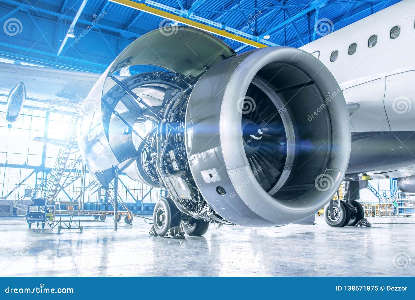 Industrial Theme View. Repair and Maintenance of Aircraft Engine on the ...