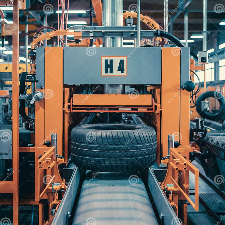 Industrial Tire Processing with a Large Machine Labeled "Model H 4 ...