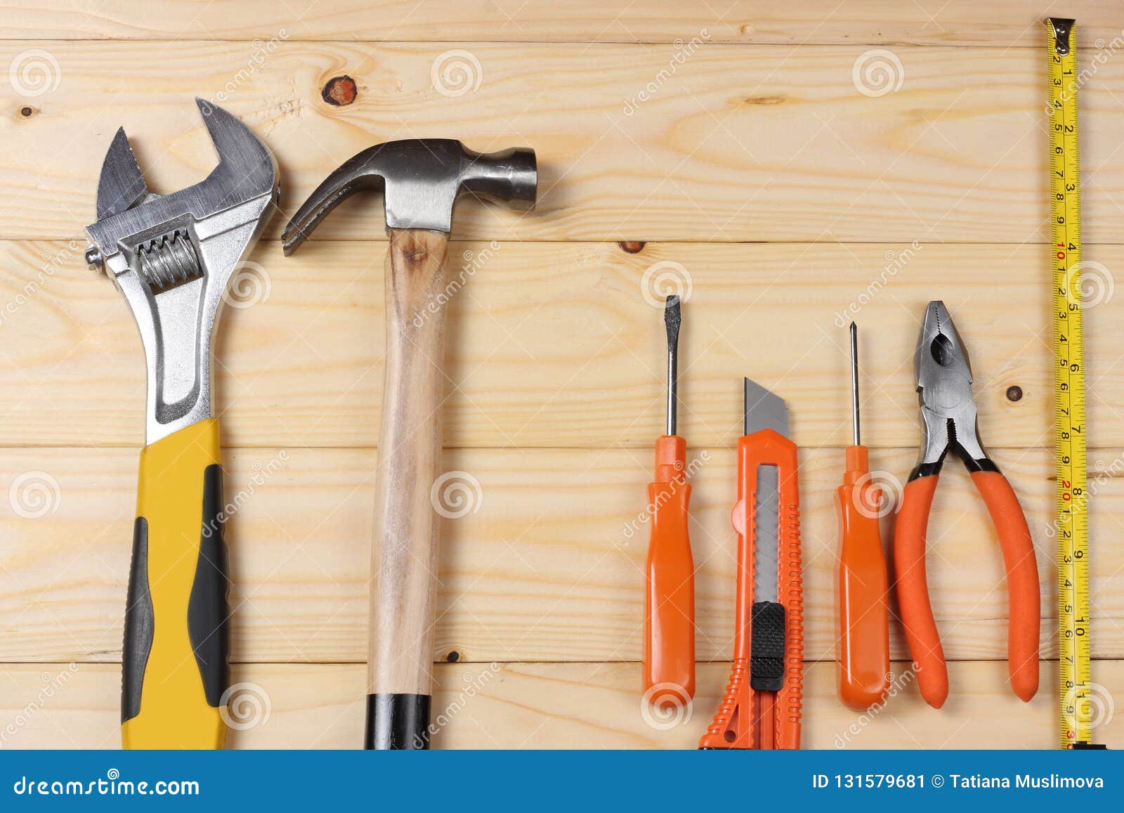 Industrial Tools on Light Wooden Background with Copy Space. Top View ...