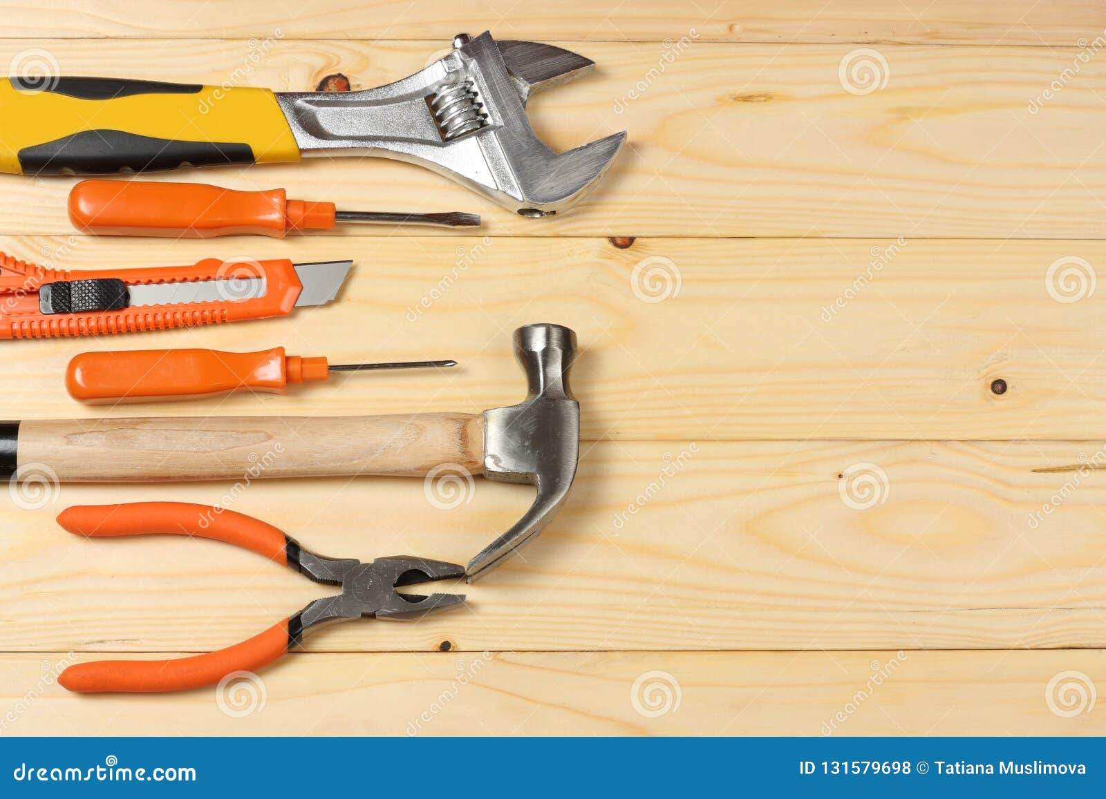 Industrial Tools on Liht Wooden Background with Copy Space. Top View ...