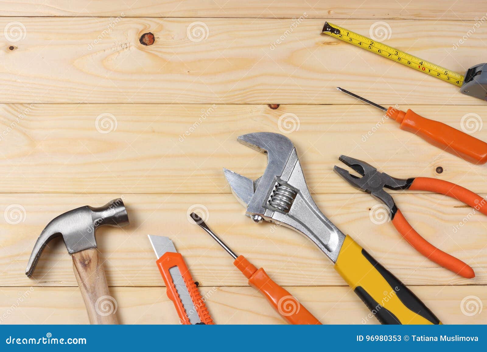 Industrial Tools on Light Wooden Background with Copy Space. Top View ...