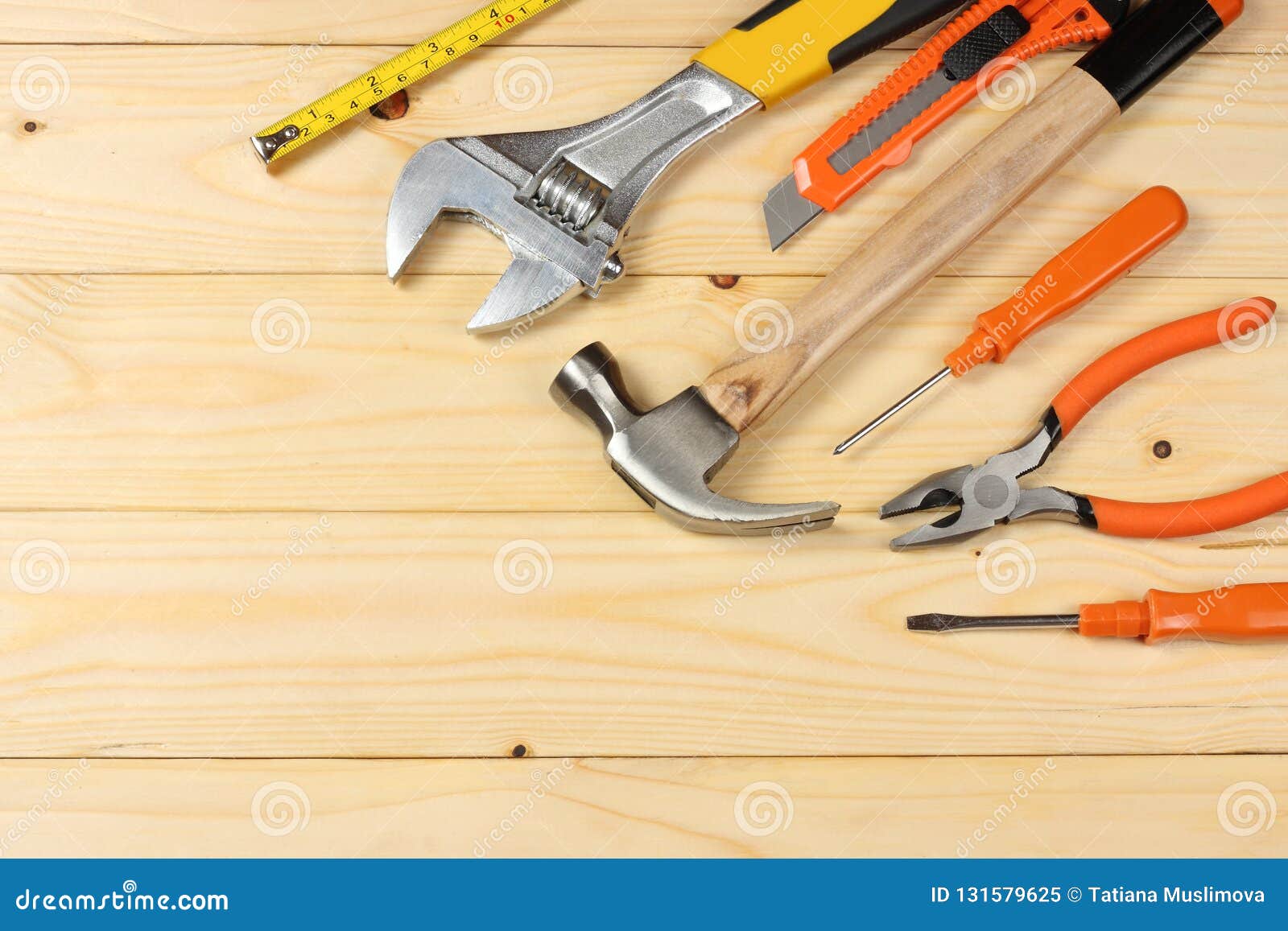 Industrial Tools on Light Wooden Background with Copy Space. Top View ...