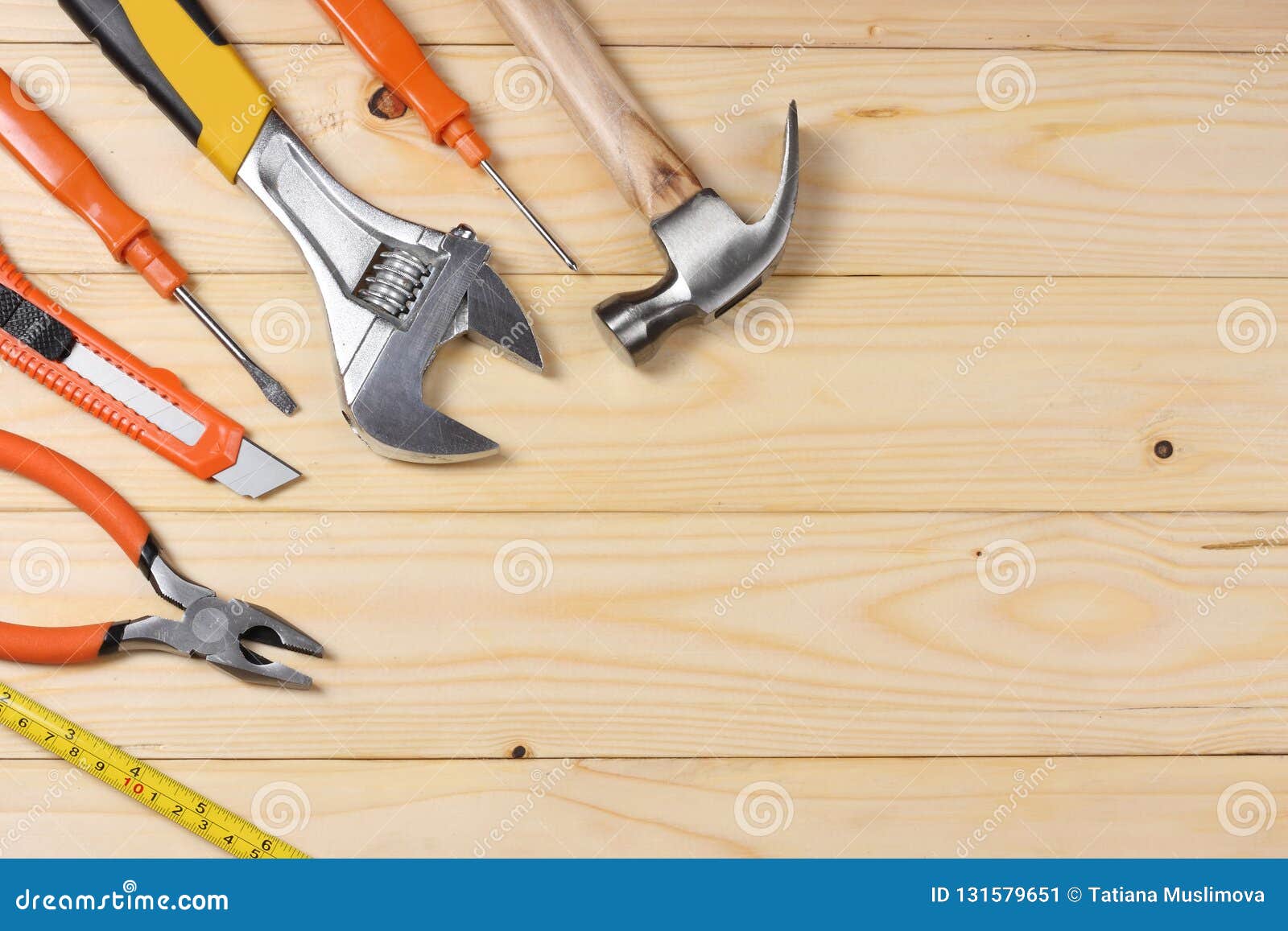 Industrial Tools on Light Wooden Background with Copy Space. Top View ...