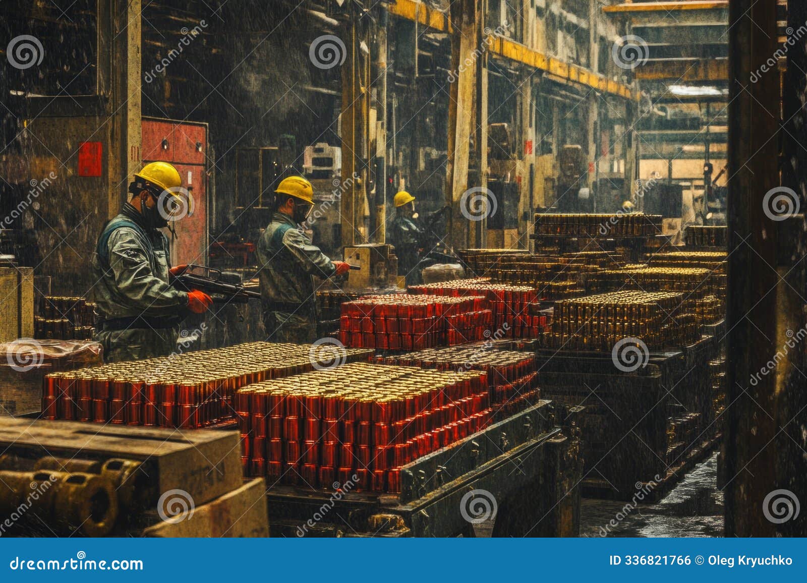 Busy Workers in a Large Industrial Warehouse with Stacks of Products ...