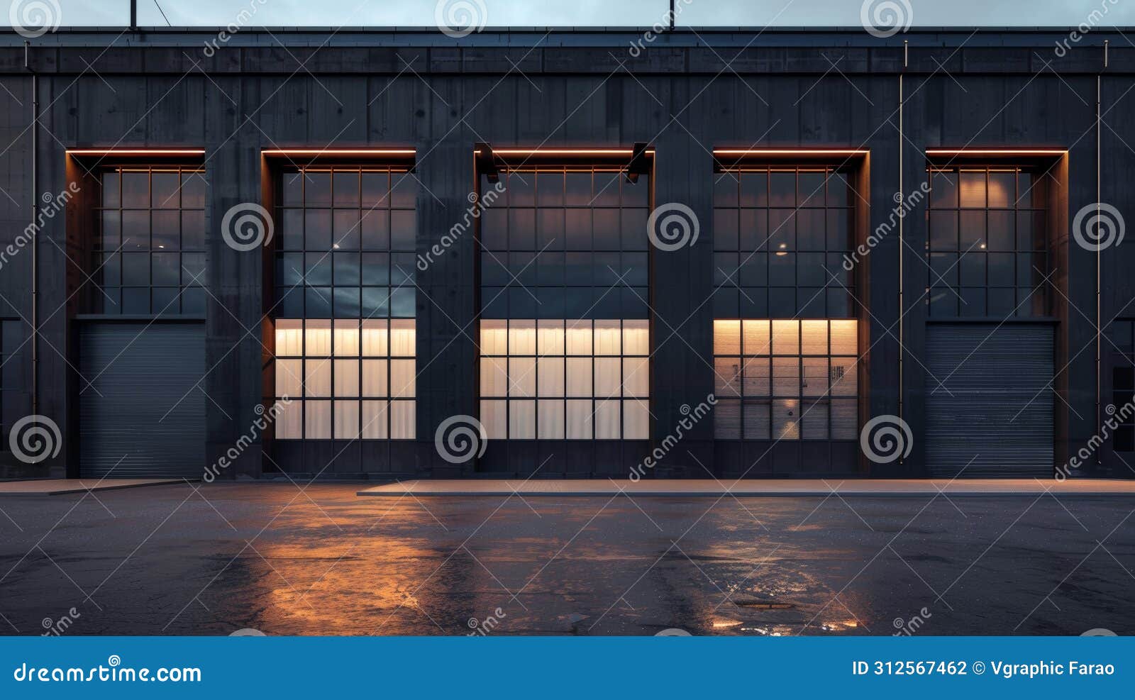 Industrial Warehouse Exterior with Illuminated Windows at Dusk Stock ...