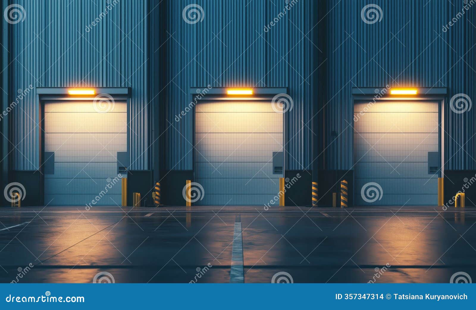 Industrial Warehouse Exterior with Loading Docks, Three Illuminated ...