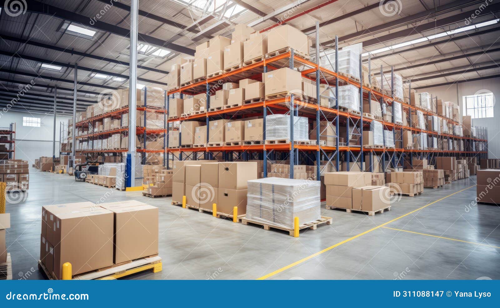 Industrial Warehouse with High Shelves and Organized Boxes. Concept of ...