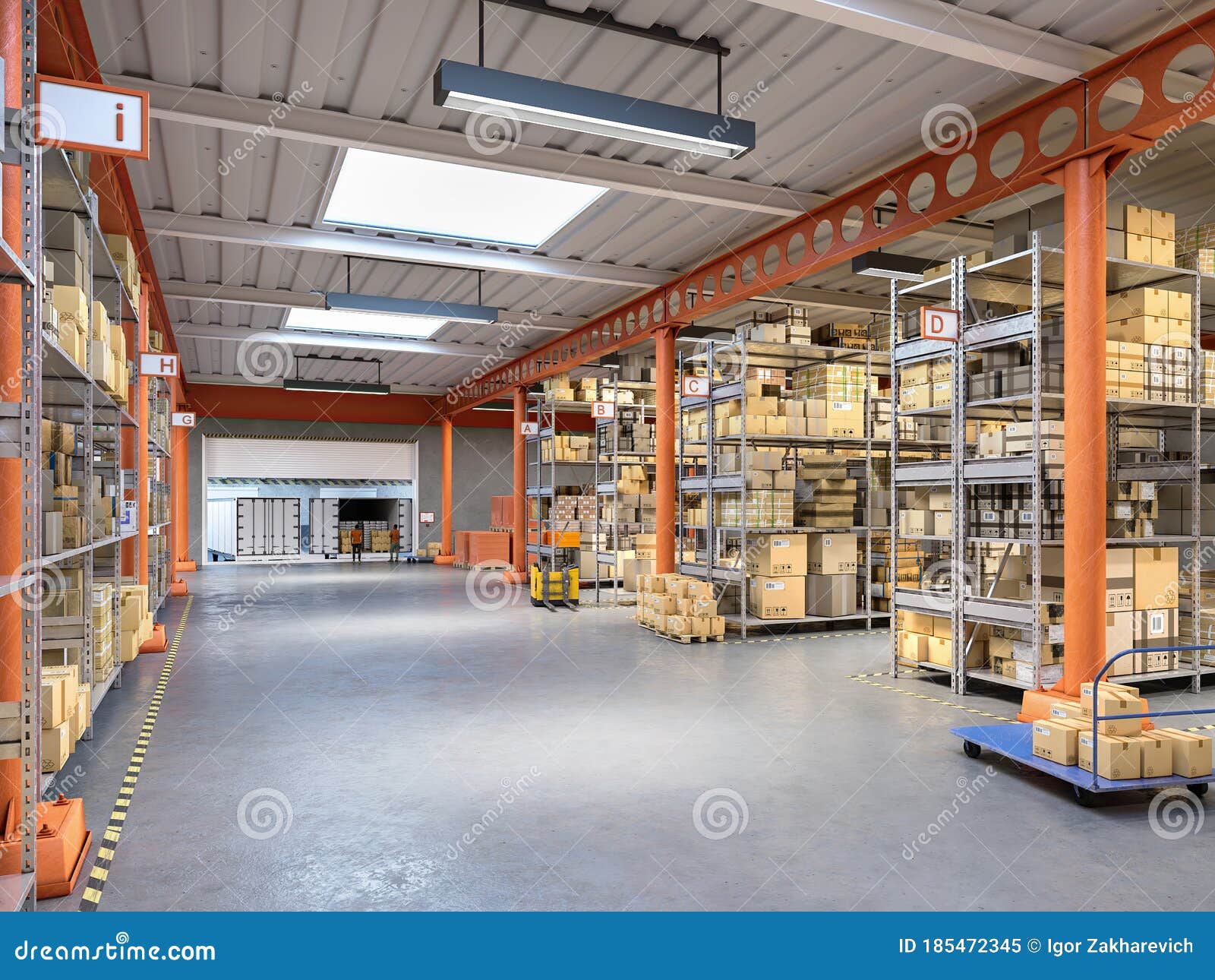 Industrial Warehouse Storage Shelves With Neatly Stacked Cardboard ...