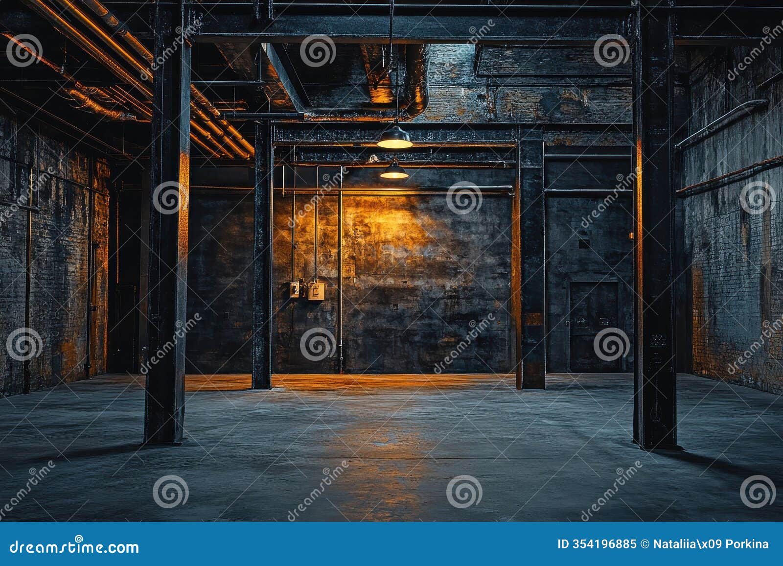 Industrial Warehouse Interior with Exposed Pipes and Dim Lighting ...