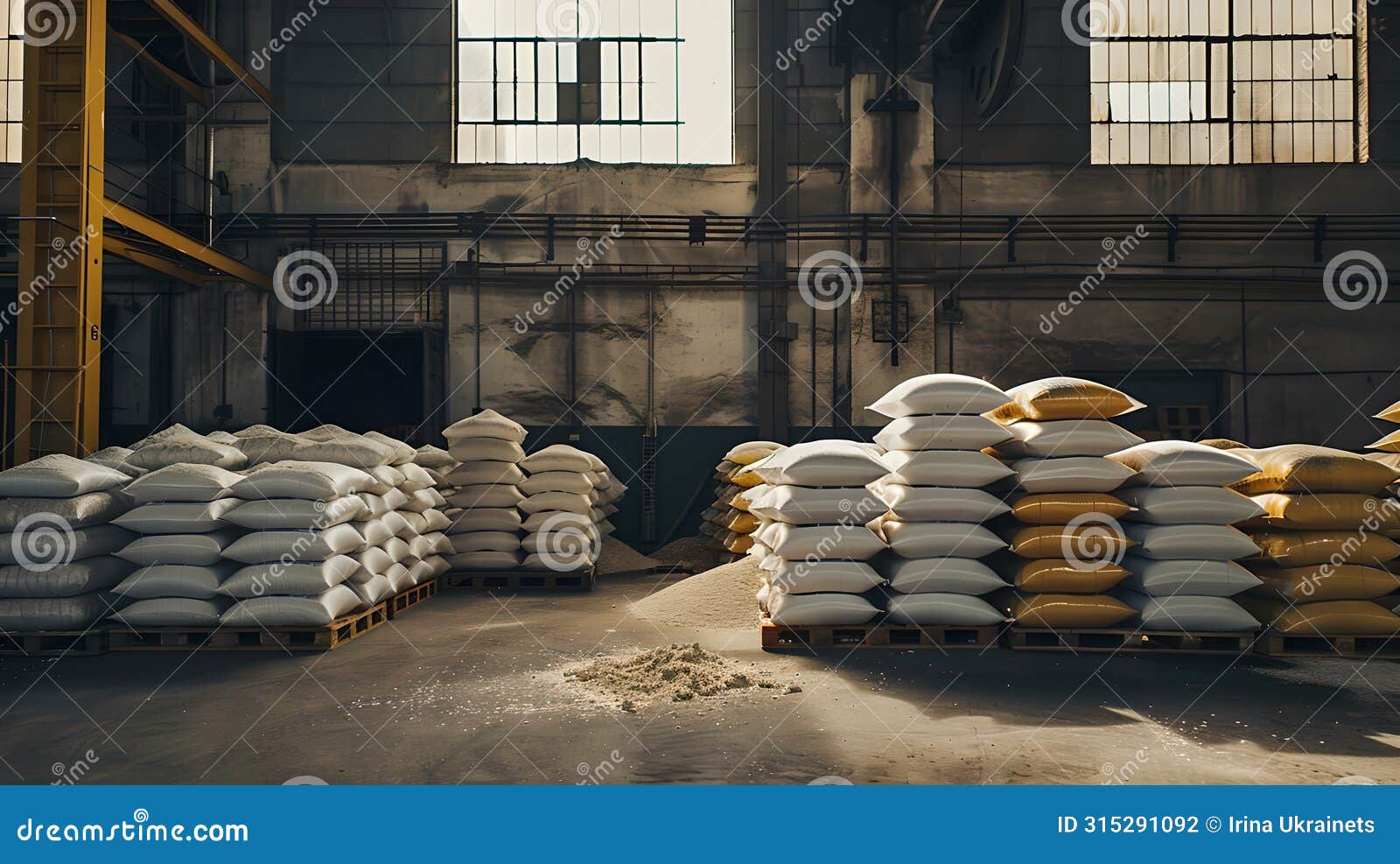 Industrial Warehouse Interior with Stacked Sacks. Raw Materials Storage ...
