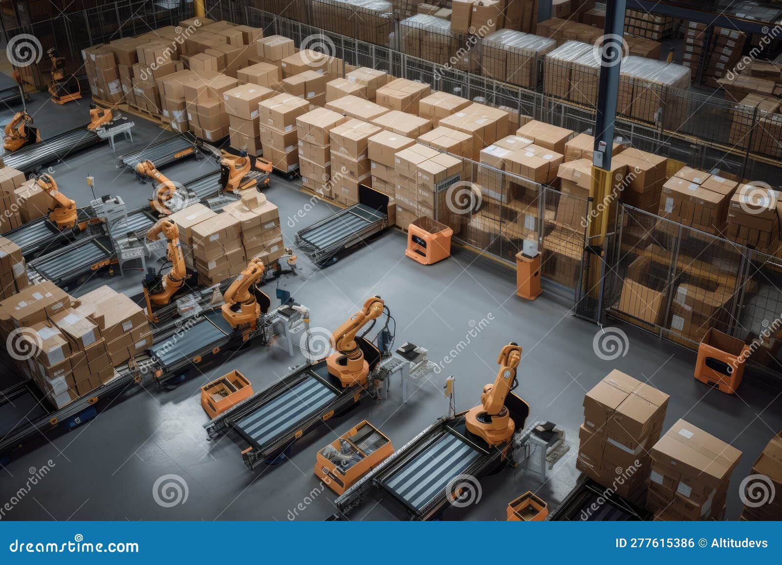 Industrial Warehouse, with Robots Working in Unison To Sort and Pack ...