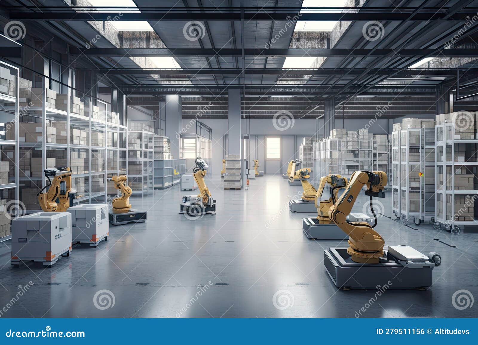 Industrial Warehouse, with Robots Working in Unison To Sort and Pack ...