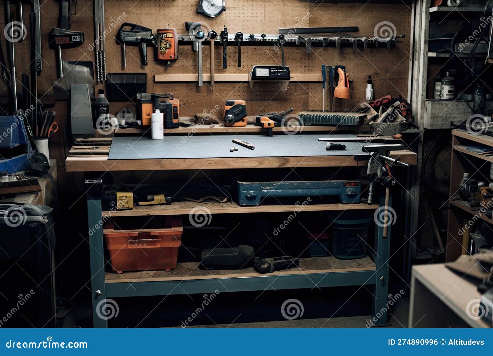 An Industrial Workbench with Tools and Supplies in the Background Stock ...