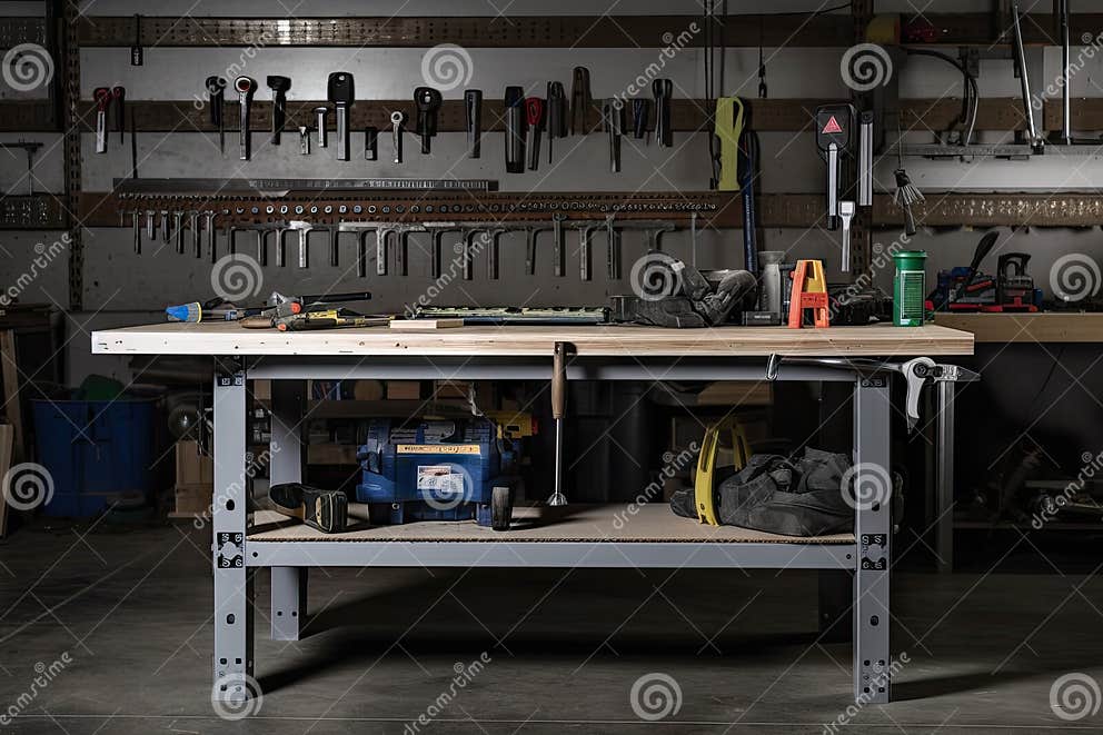 An Industrial Workbench with Tools and Supplies in the Background Stock ...