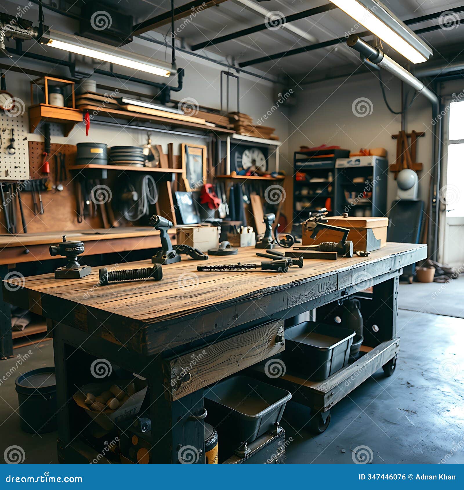 Industrial Workbench With Worn Wood Surface And Metal Tools Set In A ...