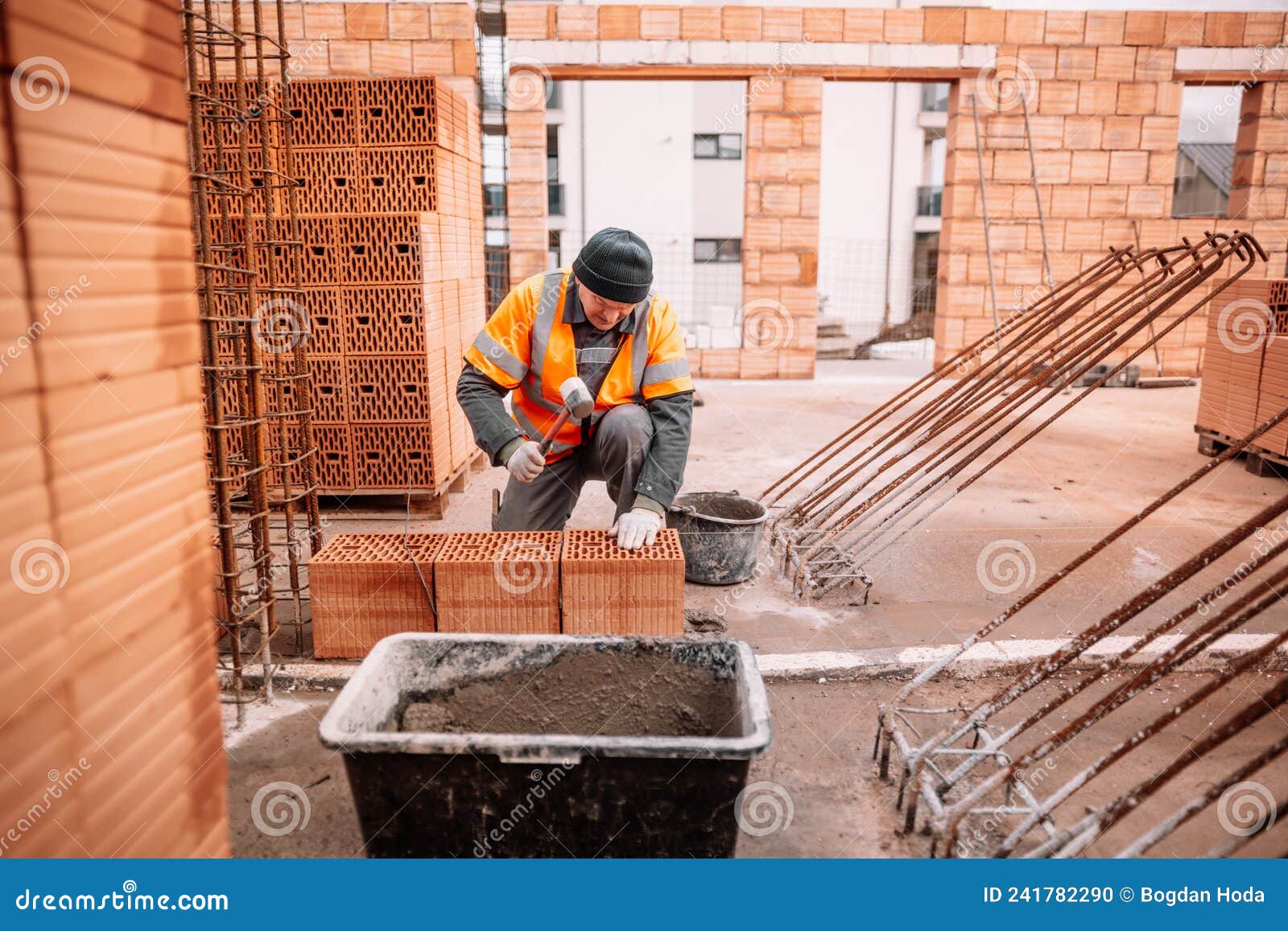 Industrial Worker, Bricklayer and Mason Working with Bricks Stock Photo ...
