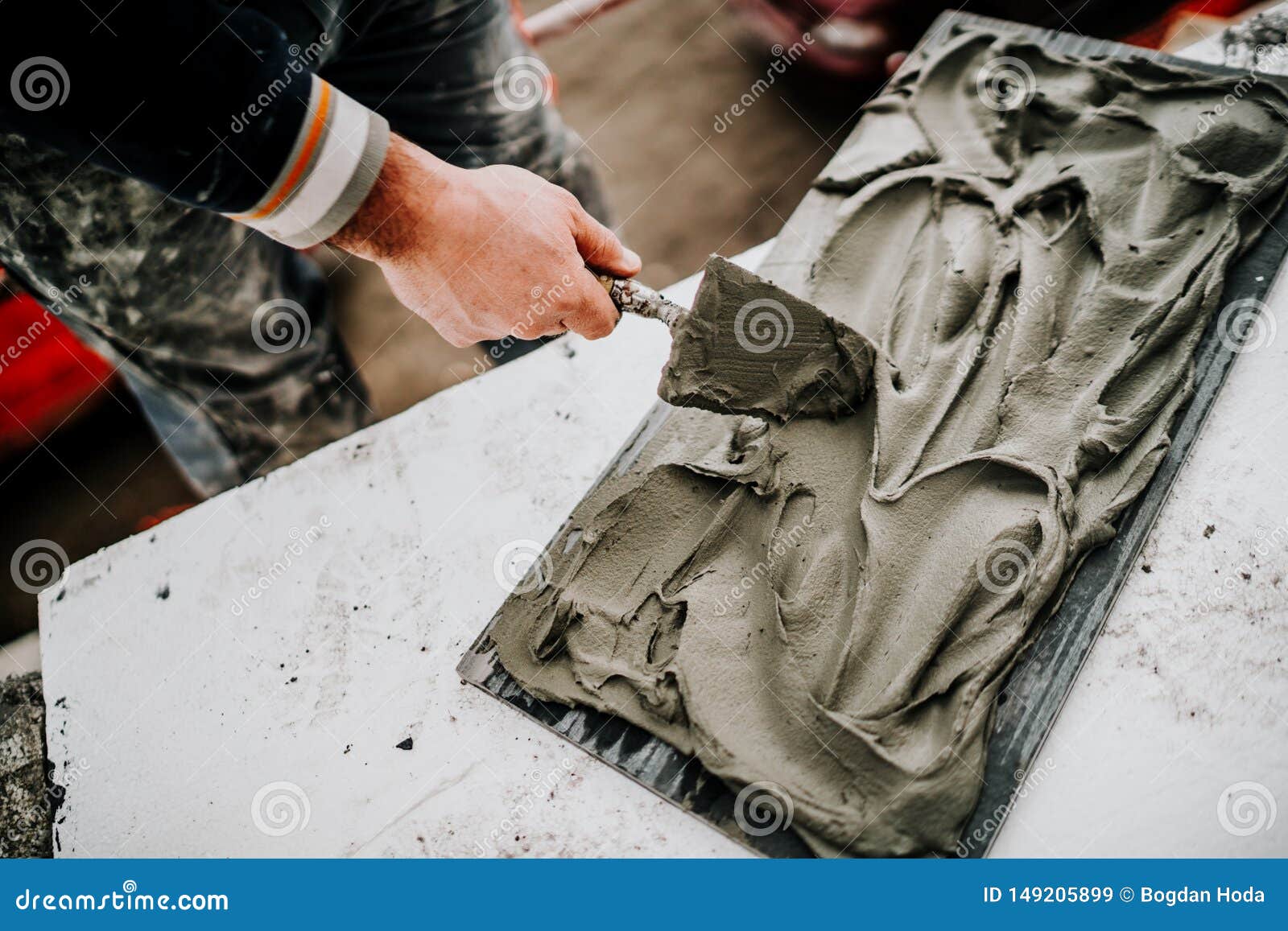 Industrial Worker, Builder Working on Stone Tiles. Details of Worker ...