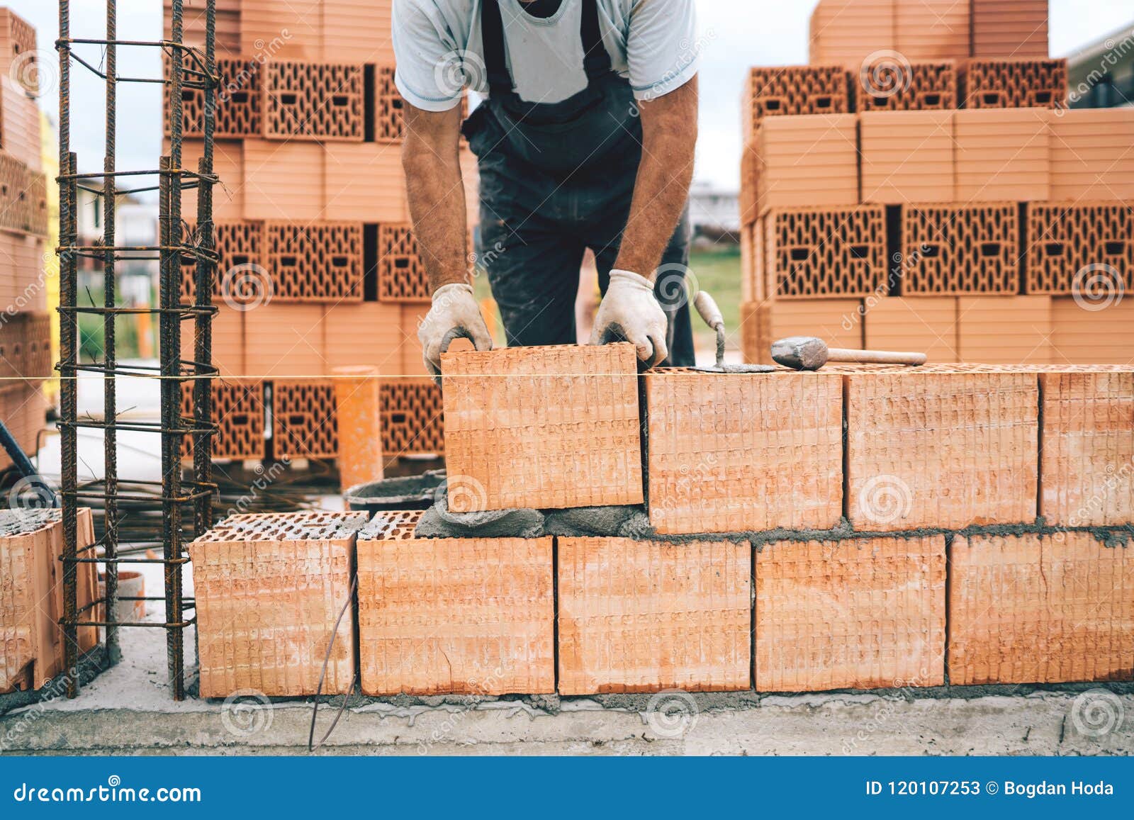 Worker, Construction Worker Using Modern Bricks for Brickwork, Building ...