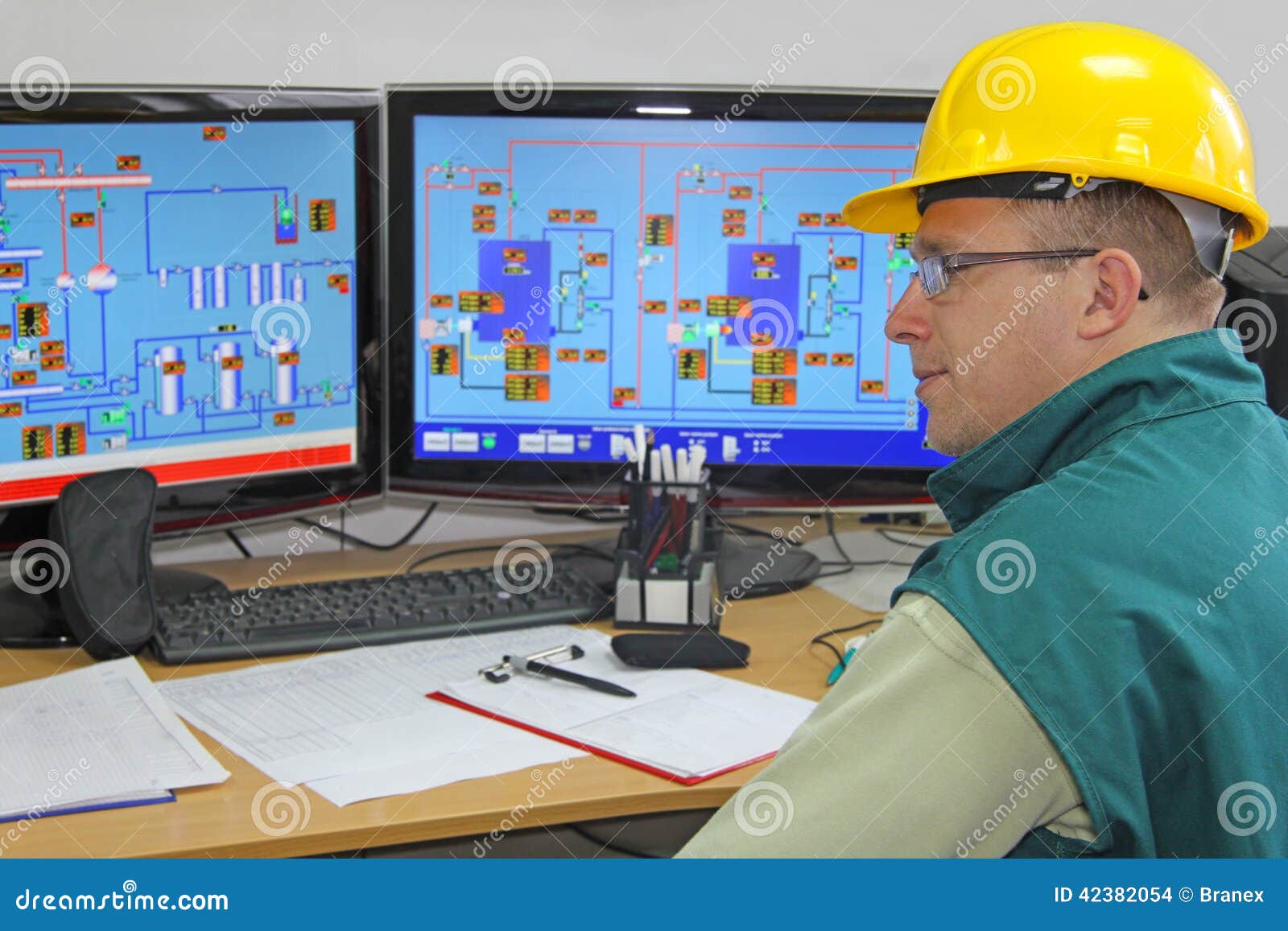 Industrial Worker in Control Room Stock Photo - Image of monitor ...