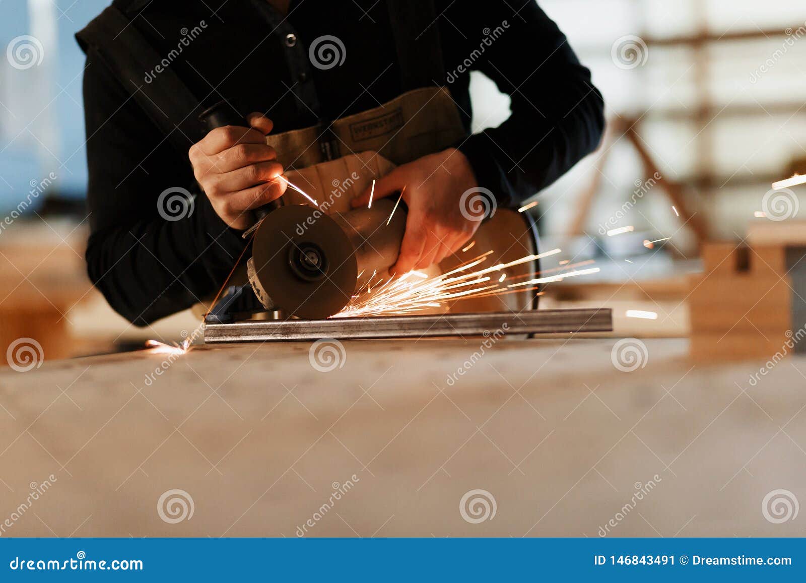 Industrial Worker Cutting Metal with Many Sharp Sparks. Selection Focus ...
