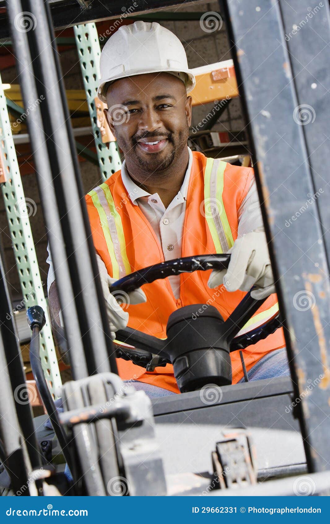 Industrial Worker Driving Forklift at Workplace Stock Image - Image of ...