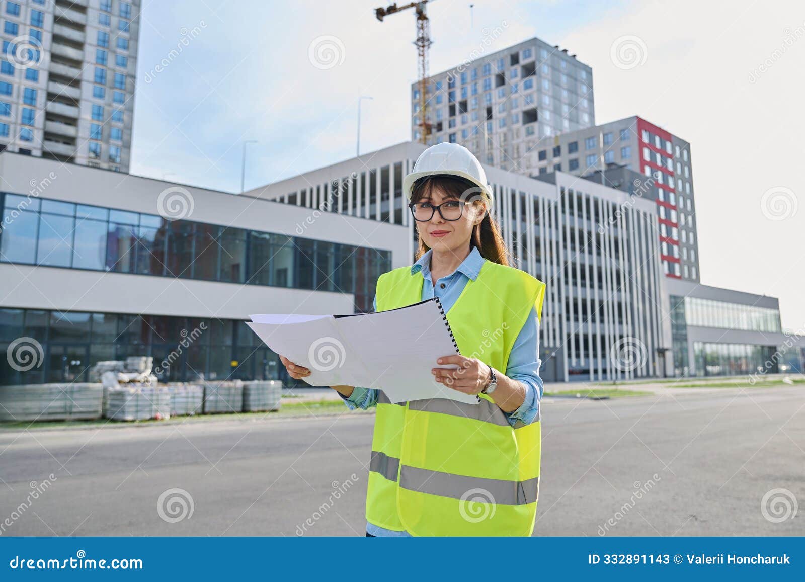 Industrial Worker Female Builder with Working Documents, Outdoor ...