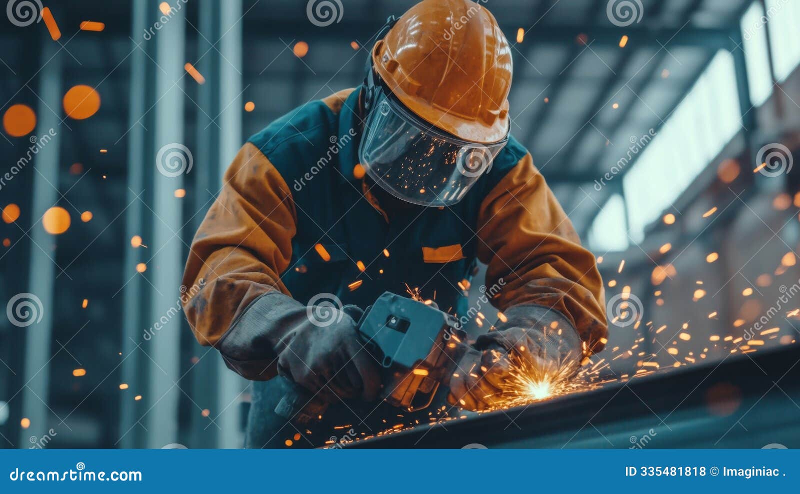 Industrial Worker Grinding Metal with Sparks Flying Stock Illustration ...