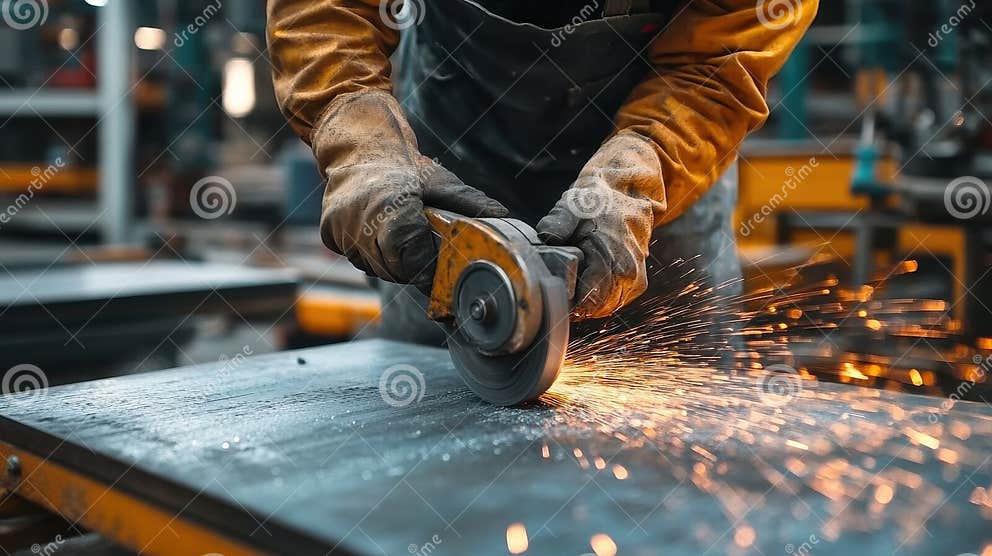 Industrial Worker Grinding Metal To Create Sparks in Workshop Setting ...