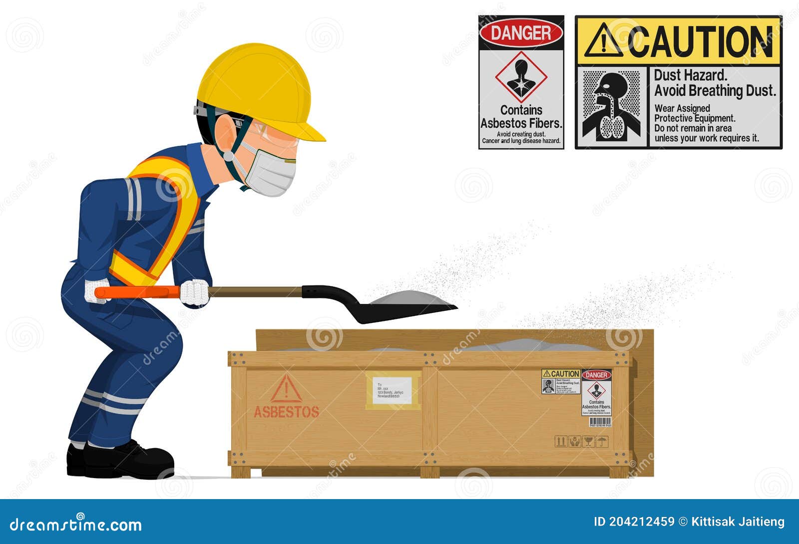 An Industrial Worker with Mask is Scooping the Asbestos Powder Stock ...