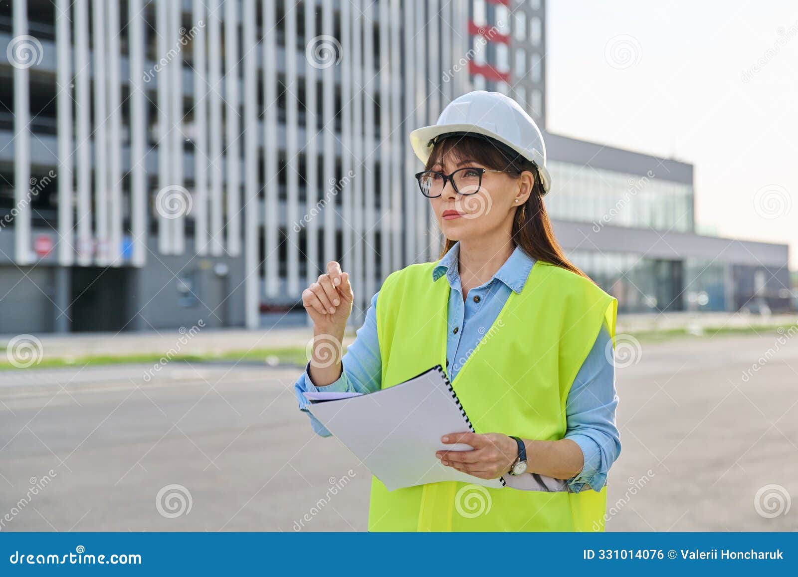 Industrial Worker Female Builder with Working Documents, Outdoor ...
