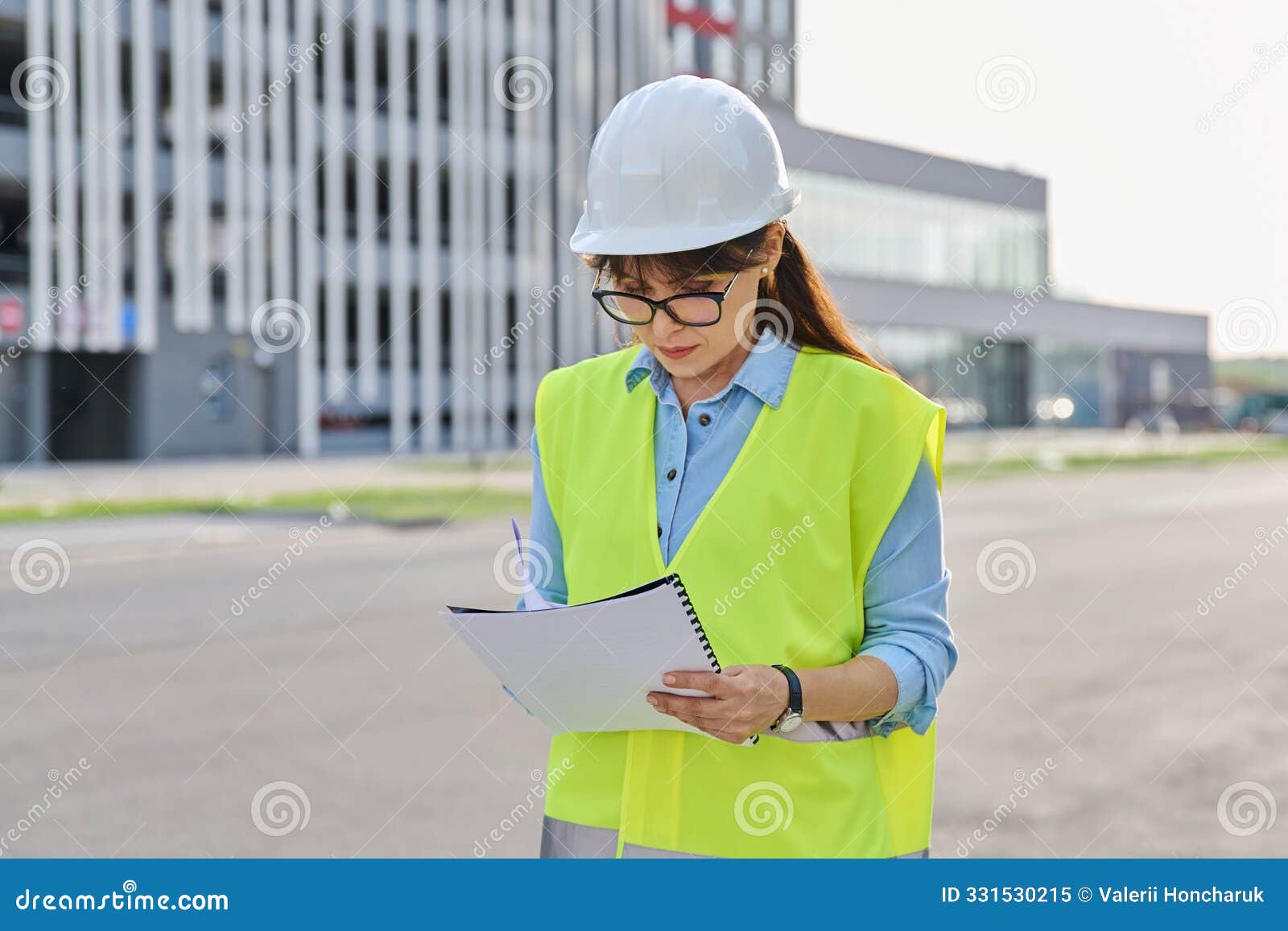 Industrial Worker Female Builder with Working Documents, Outdoor ...
