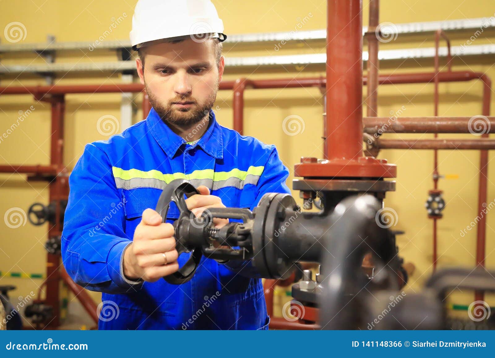 Industrial Worker Opens Water Valve on Heating Boiler System Stock ...