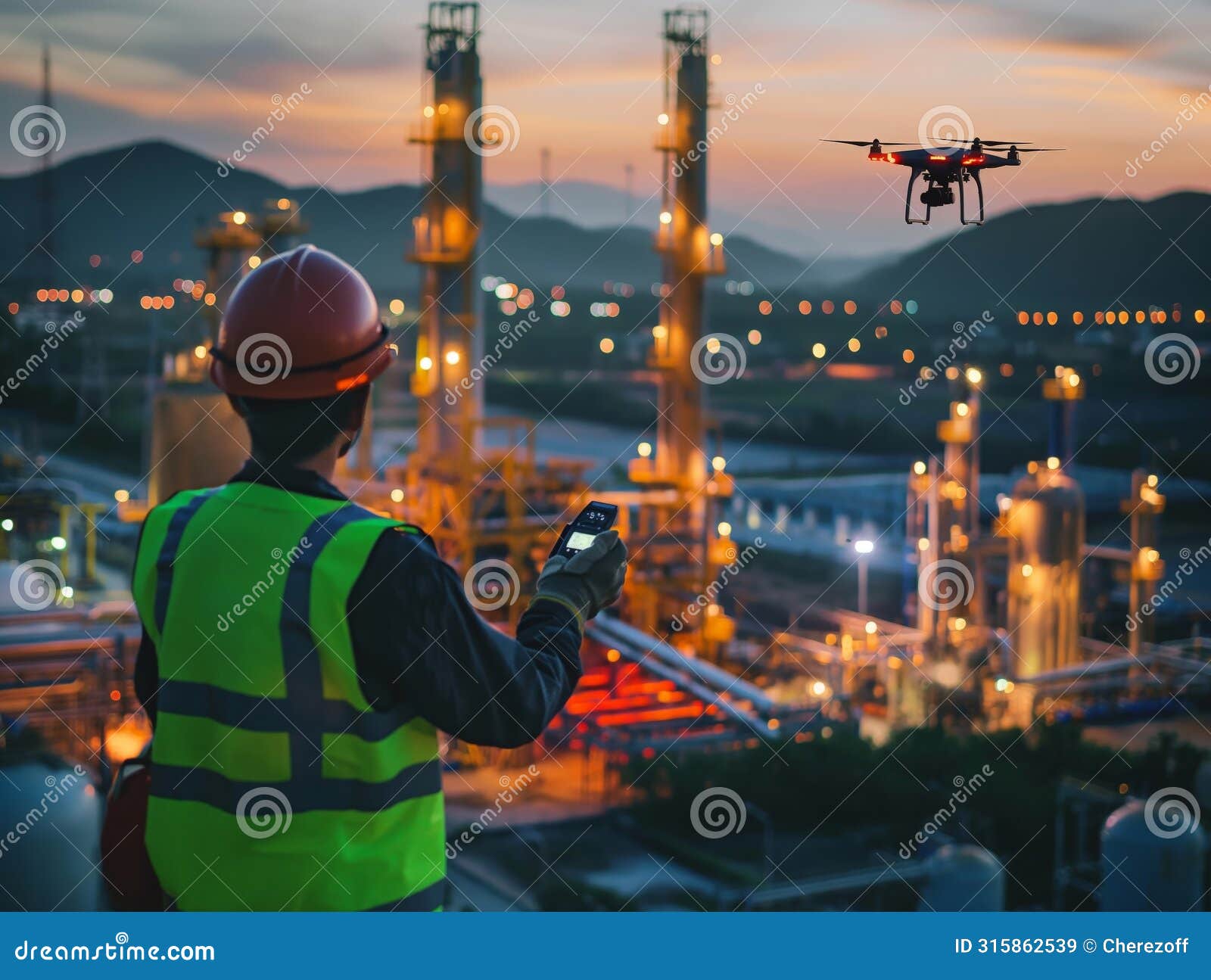 Industrial Worker Operating Drone at Twilight Stock Image - Image of ...