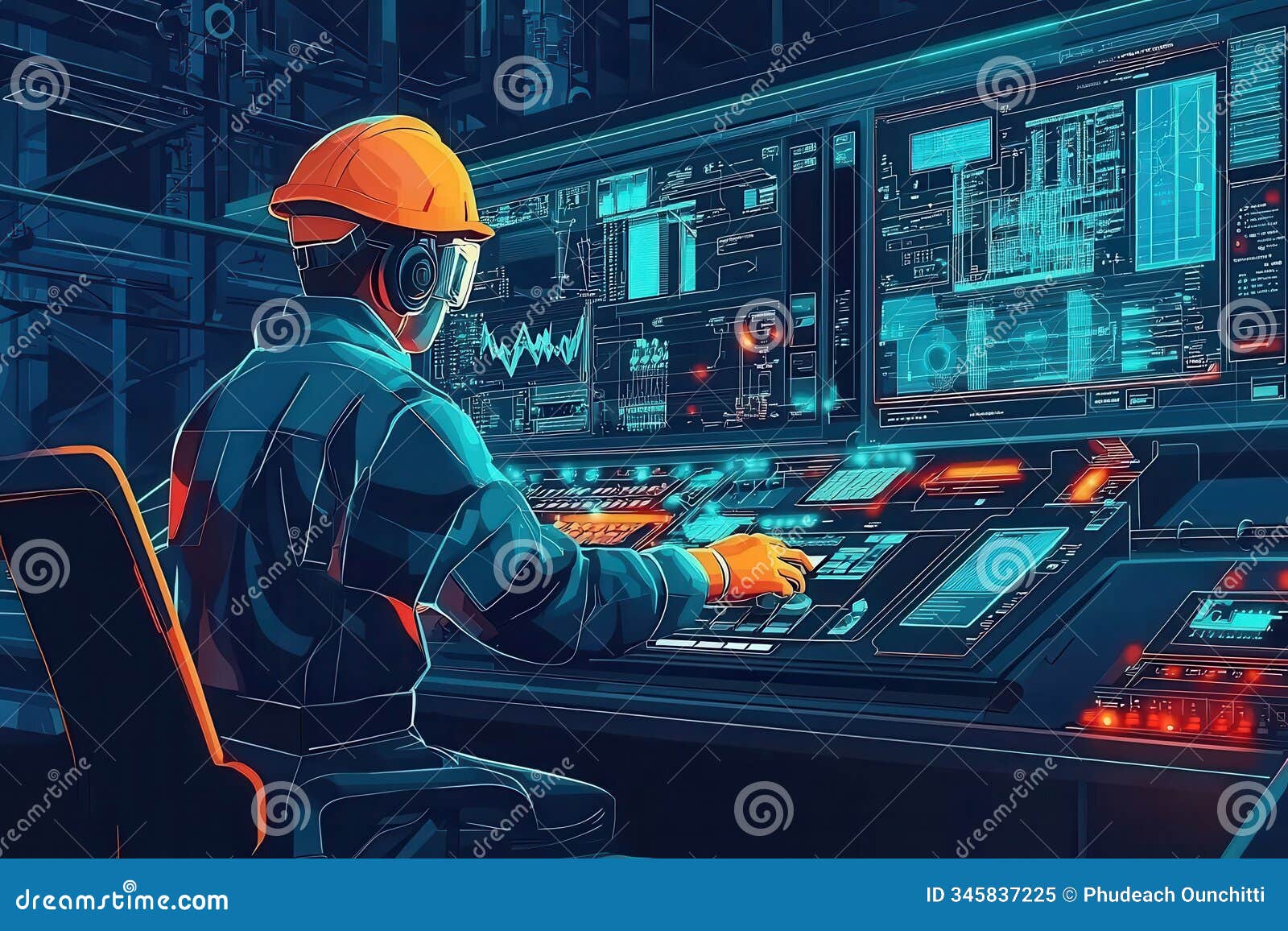 Industrial Worker Operating High-Tech Control Panel in Modern Factory ...