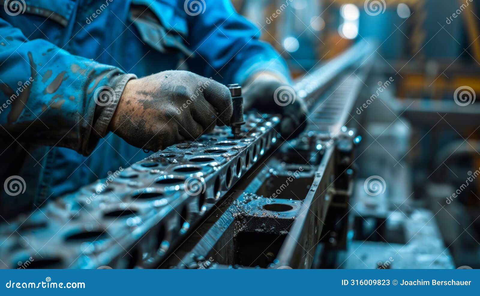 Industrial Worker Using Riveting Tool on Metal Profile for Assembly ...