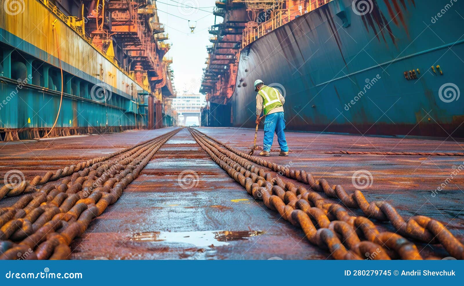 Industrial Worker Working on the Freight Ship in a Shipyard. Generative ...