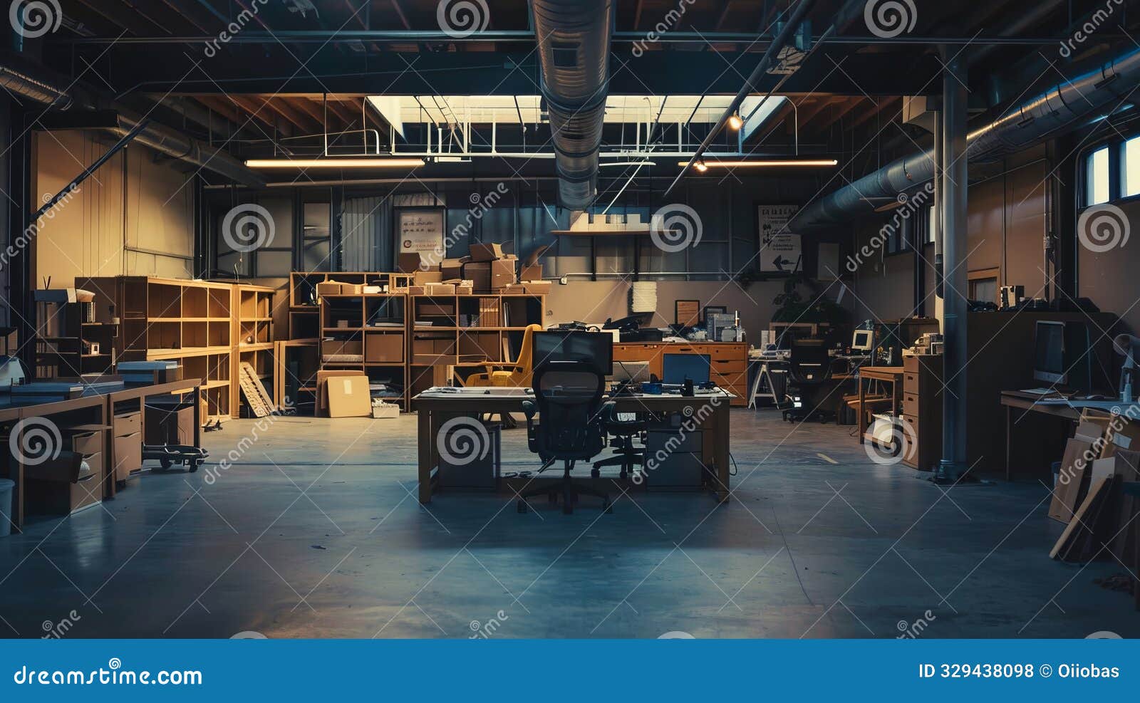 Industrial Workspace with Empty Desk, Cardboard Boxes and Ductwork ...