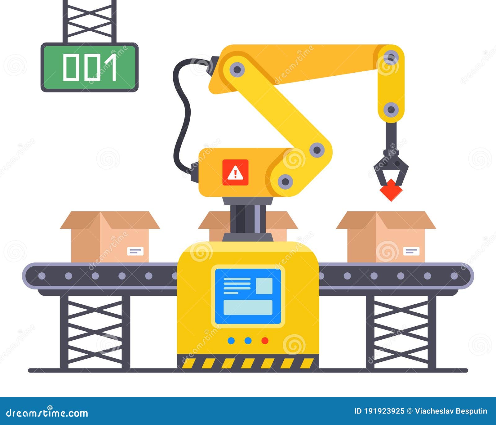 Industrial Yellow Robot on the Conveyor for Packaging Goods. Stock ...