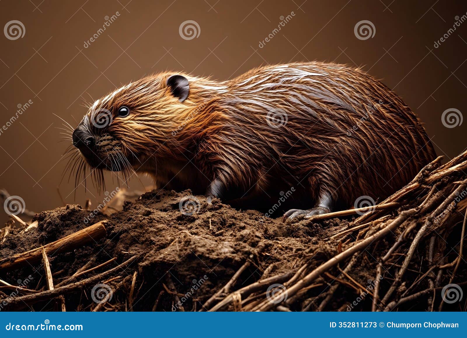 Industrious Beaver Constructing a Dam on a Deep Brown Backdrop Stock ...