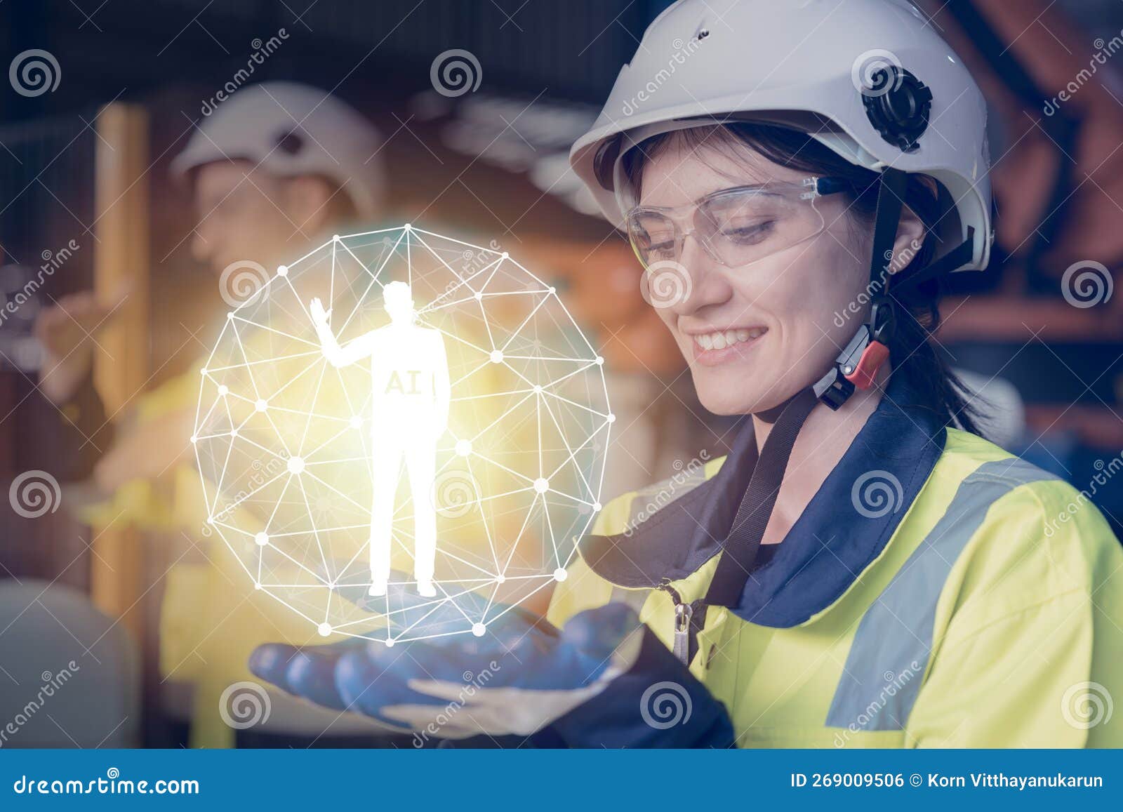 Industry Engineer Worker with Holographic AI Man Assistant Graphics at ...