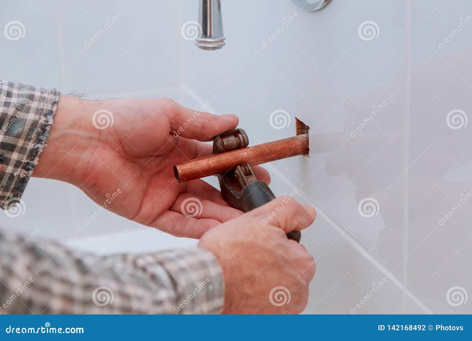 Industry System Men Worker Cut Joint with Tool of Copper Pipe Stock ...