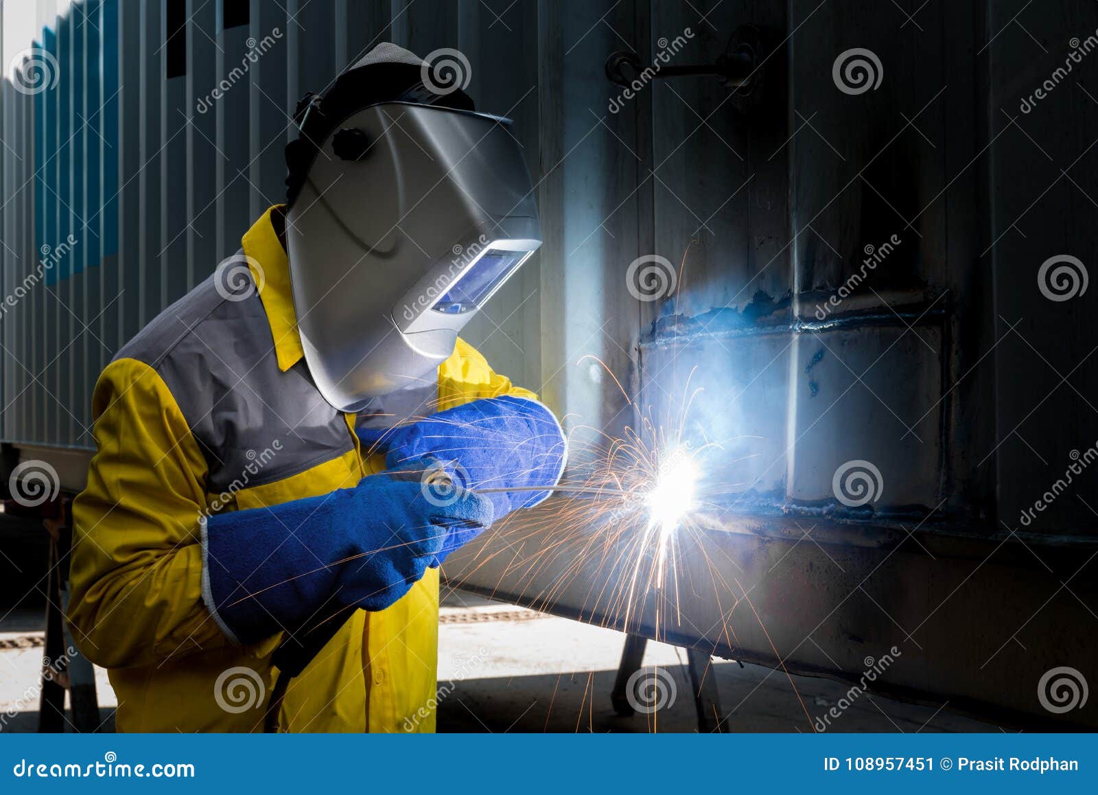 Industry Worker with Welding Steel To Repair Container Structure Stock ...
