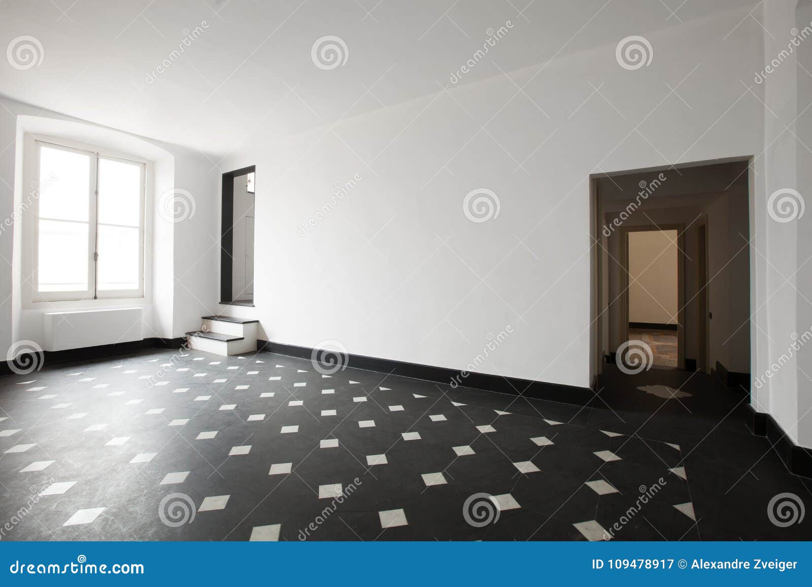 Empty Room with Black and White Tile Stock Image - Image of home, door ...