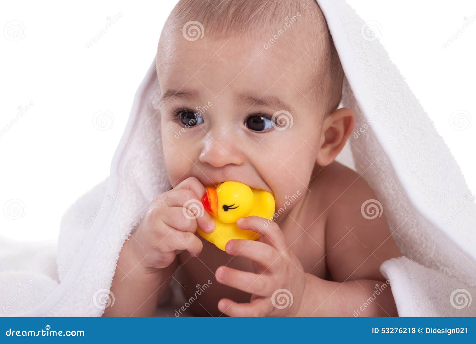 Infant Baby Playing with Yellow Duck after Bath Stock Photo - Image of ...
