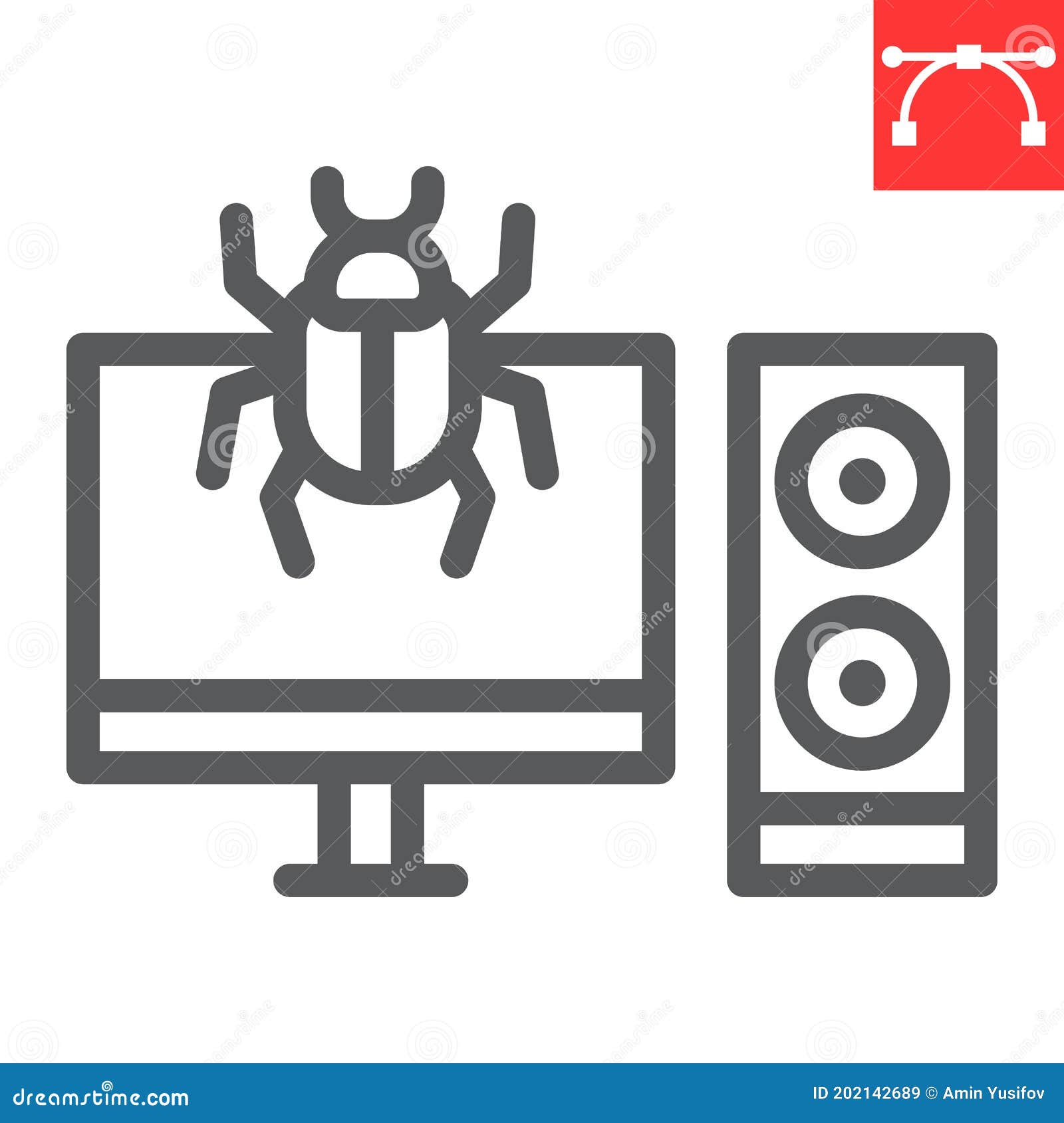Infected Computer Line Icon, Security and Pc Virus, Computer Virus ...