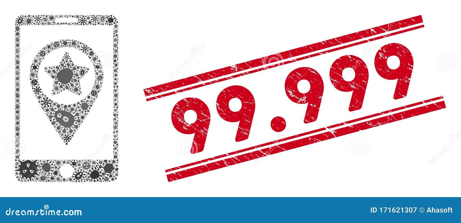 Infection Mosaic Smartphone Map Pointer Icon and Textured 99.999 Stamp ...