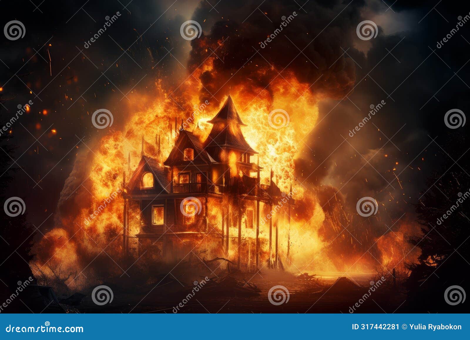 Inferno Engulfs House at Night Stock Illustration - Illustration of ...