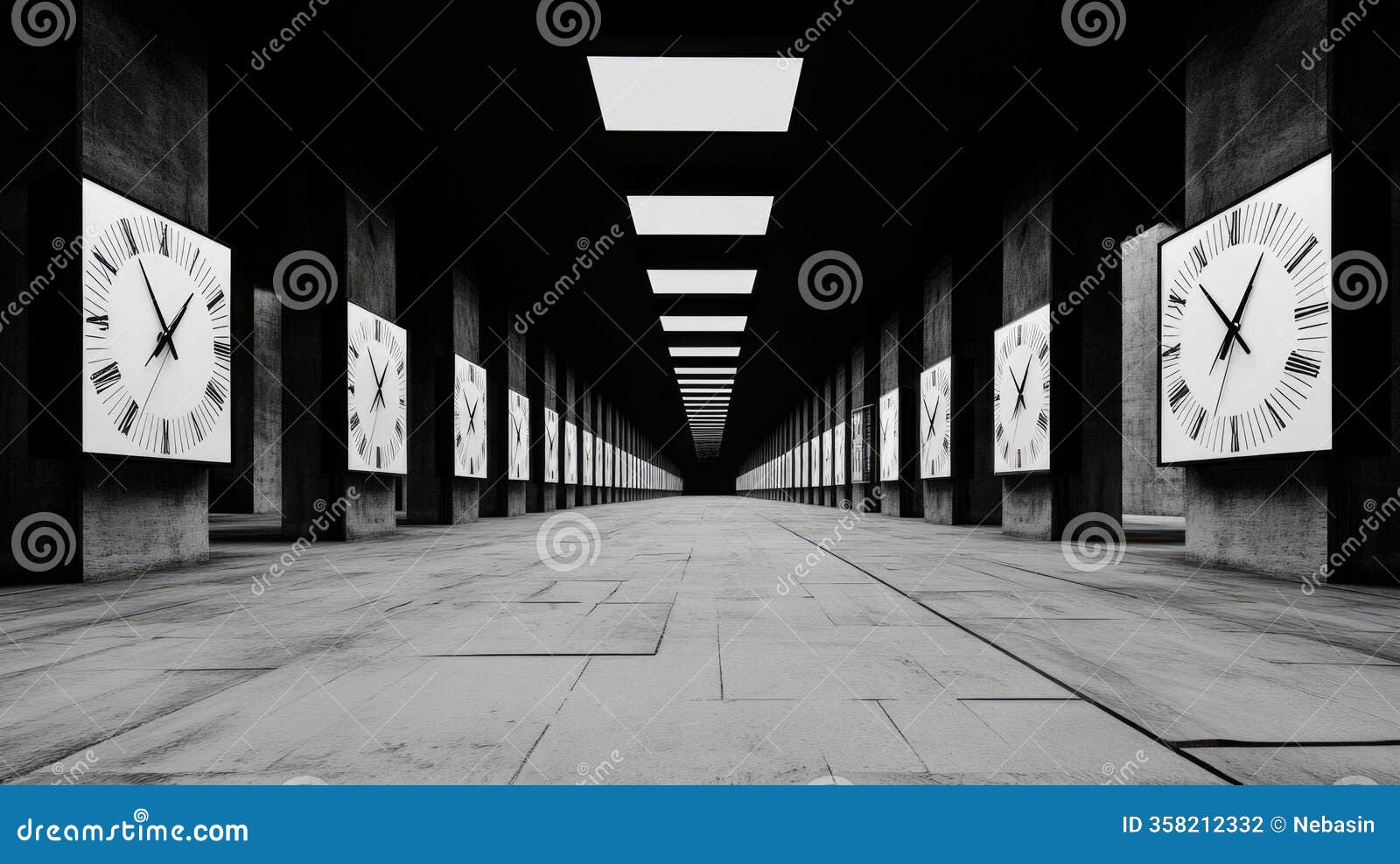 Infinite Corridor of Clocks in Modern Architectural Space Stock Photo ...