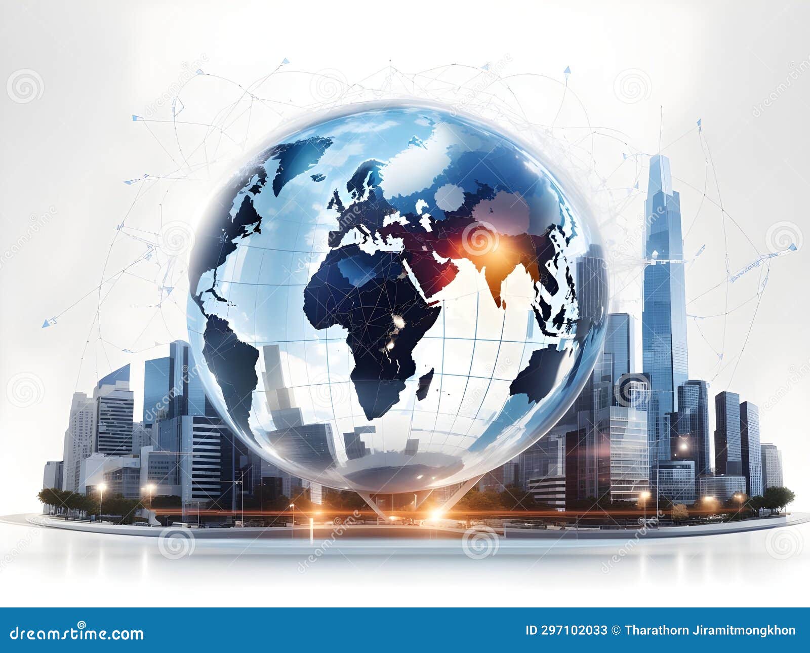 Infinite Possibilities: Double Exposure Globe and Modern Business Hub ...